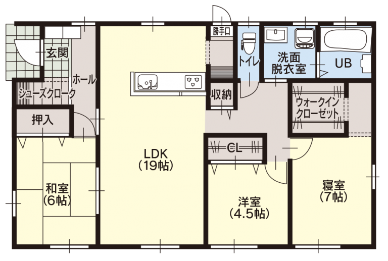 EW-8【3LDK】和室を備えてゆったり暮らせるプラン | 平屋革命｜愛媛県中予・東予、広島県東広島市・福山市の平屋住宅専門店