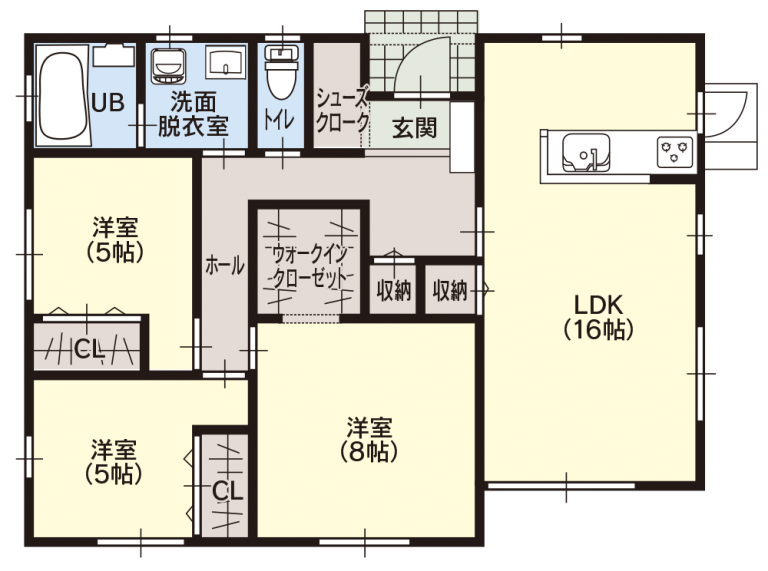N-8【3LDK】エントランスにゆとりがある3LDKのプラン | 平屋革命｜愛媛県中予・東予、広島県東広島市・福山市の平屋住宅専門店